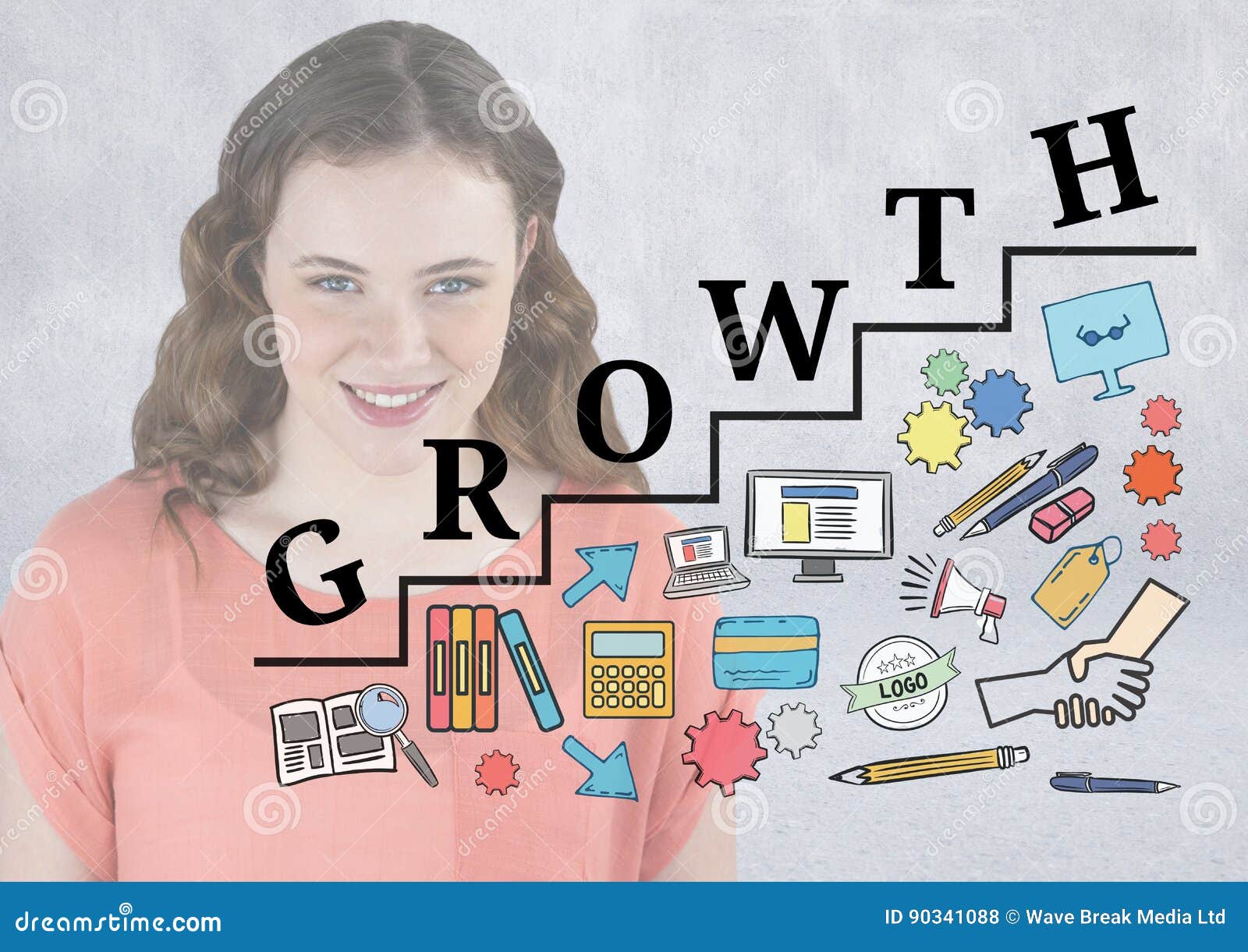 Woman Behind Growth Text with Drawings Graphics Stock Illustration ...