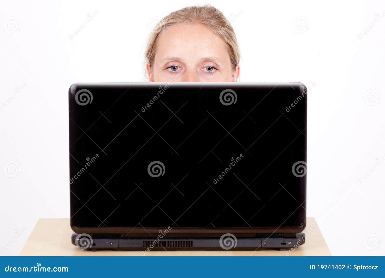 Woman behind laptop stock photo. Image of isolated, searching - 19741402
