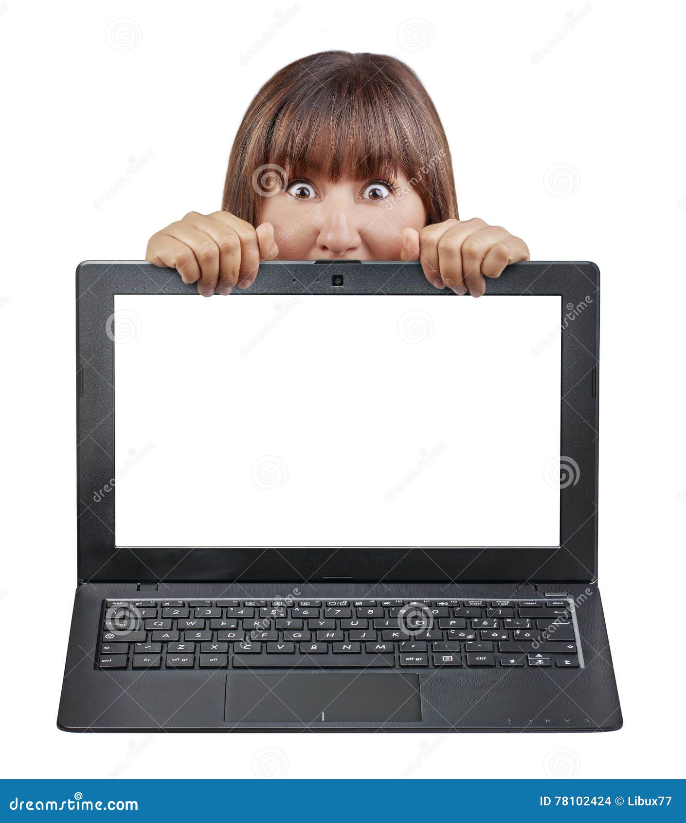Woman Behind Laptop Surprised Scared Isolated Stock Photo - Image of ...