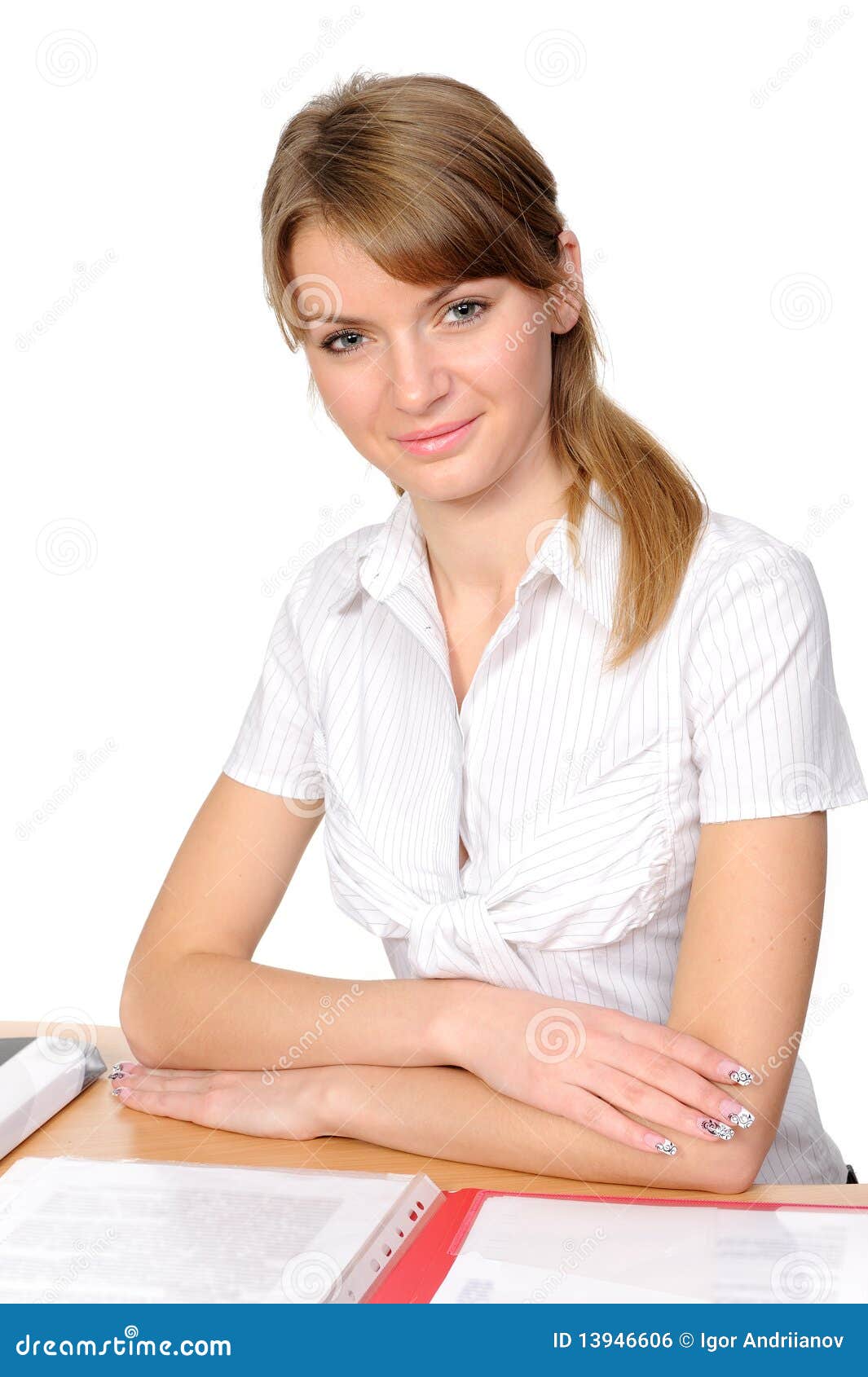 Woman behind a table stock photo. Image of manager, pretty - 13946606