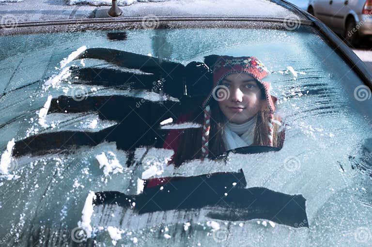 Woman Behind Windshield in Winter Stock Photo - Image of scarf ...
