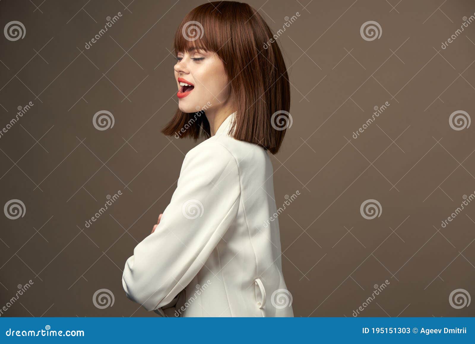 Woman in Beige Jacket Pose for the Camera Room Stock Image - Image of ...