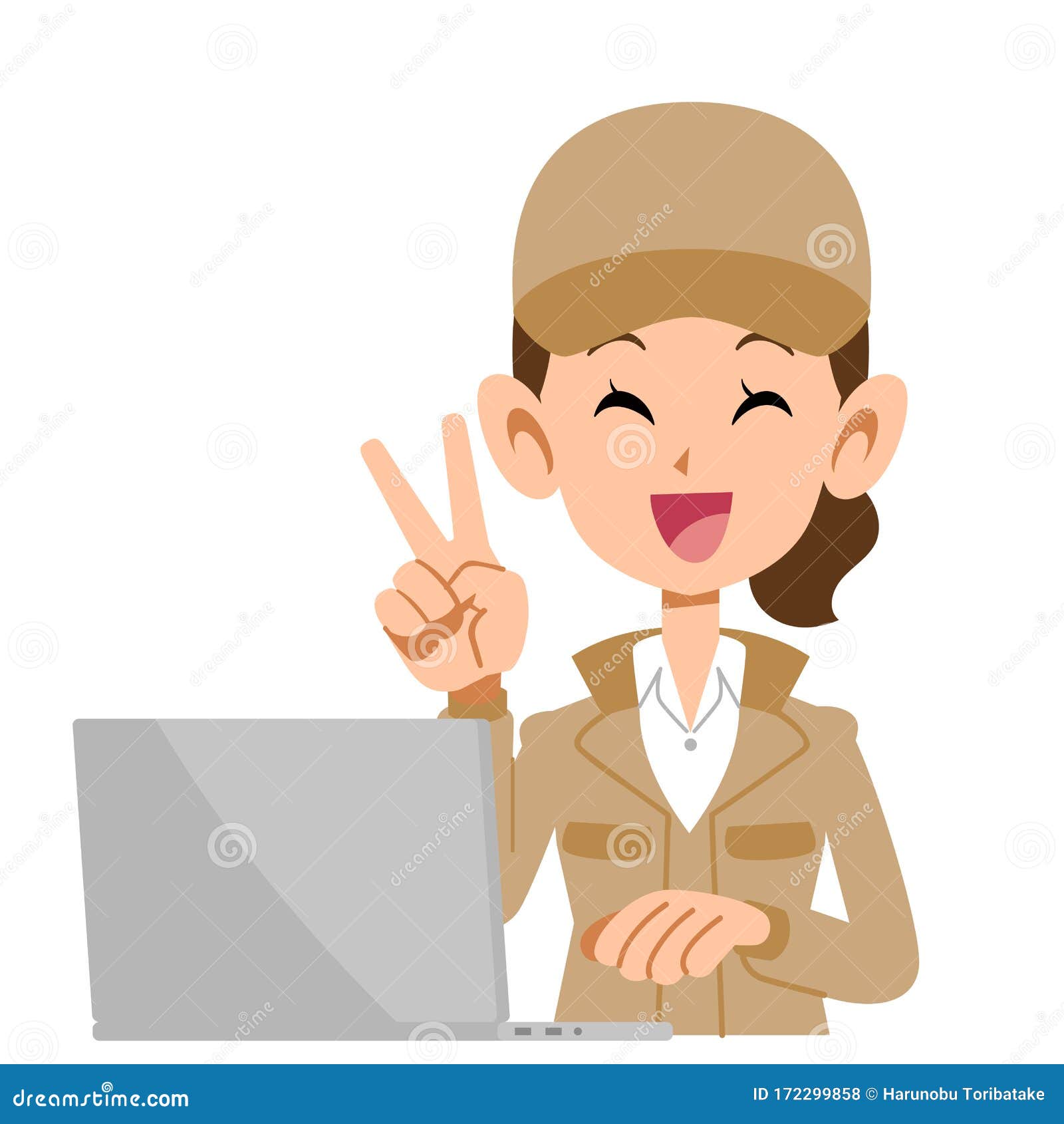 A Woman In Beige Work Clothes That Operates A Personal Computer With A