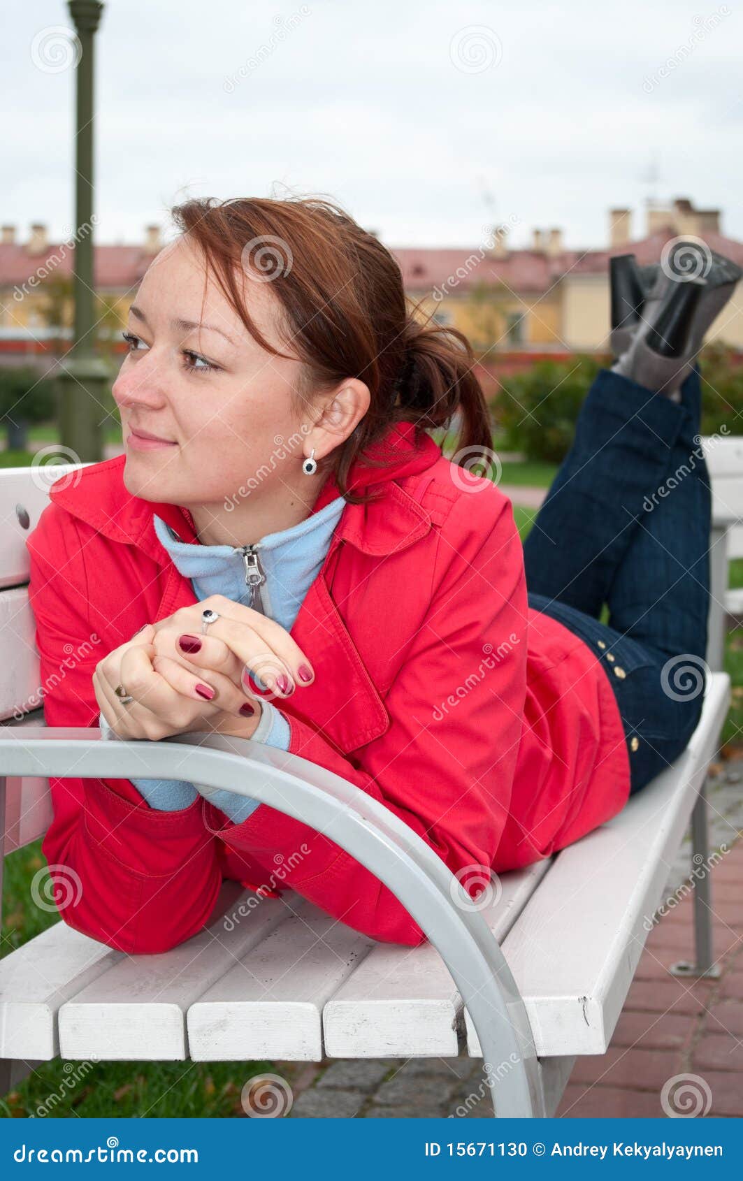 Woman on bench stock photo. Image of outdoors, beauty - 15671130