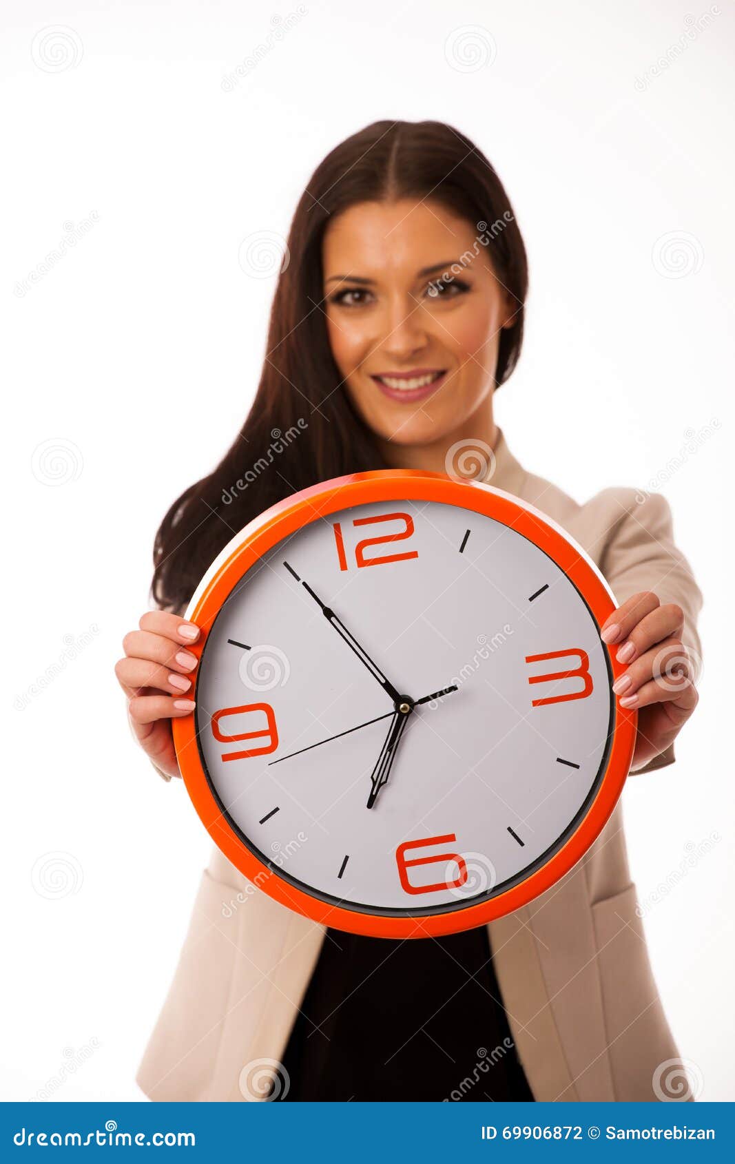 Woman with Big Clock Smiling Prepared on Time. Stock Photo - Image of ...