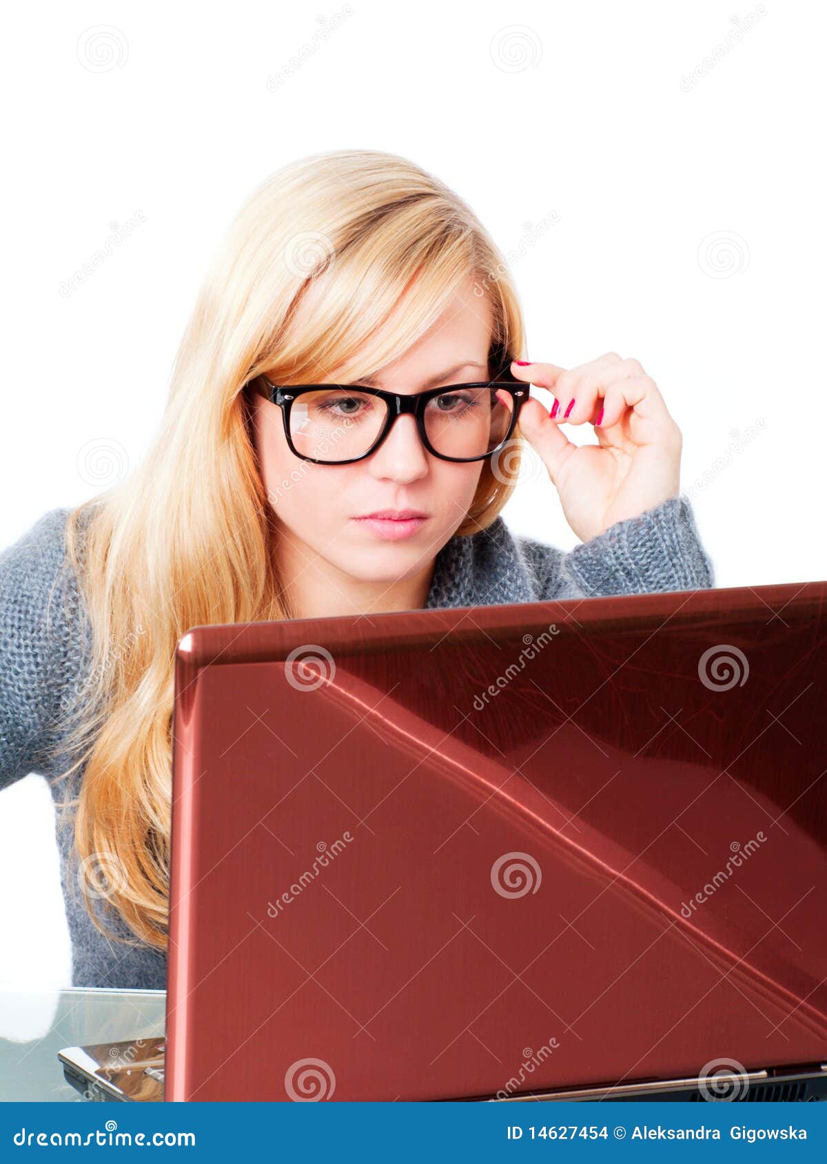 Woman with Big Glasses Working on Computer Stock Photo - Image of ...
