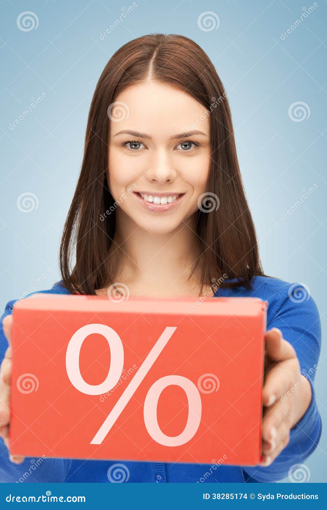 Woman with big percent box stock photo. Image of customer - 38285174