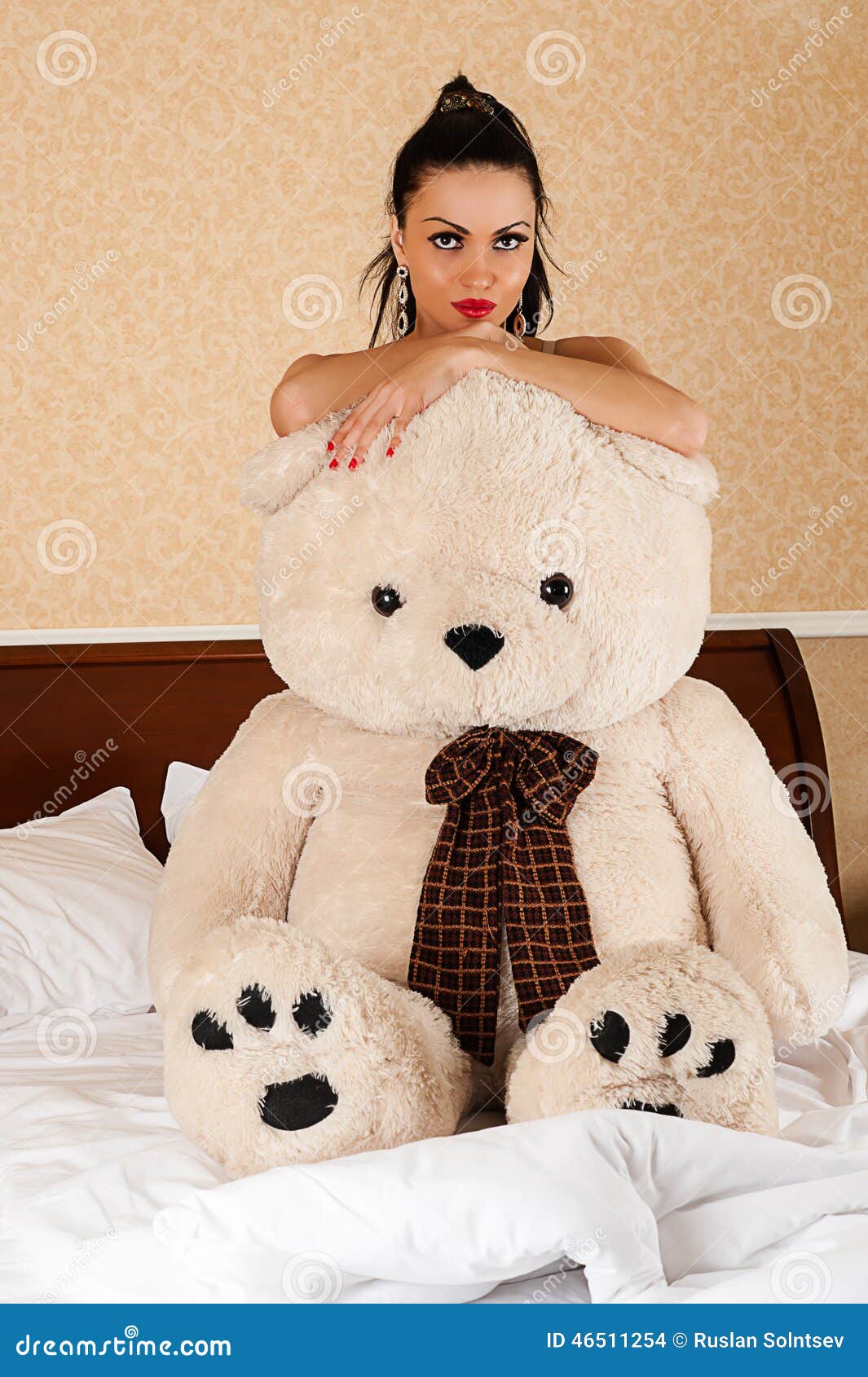 Woman with Big Teddy Bear Sitting on the Bed Stock Photo - Image of ...