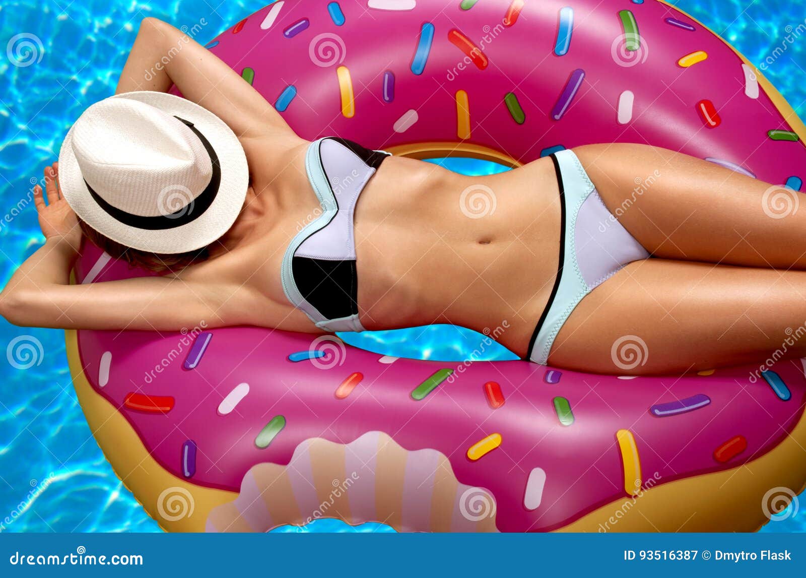 Woman In Bikini On The Inflatable Mattress In The Swimming Pool Stock Image Image Of