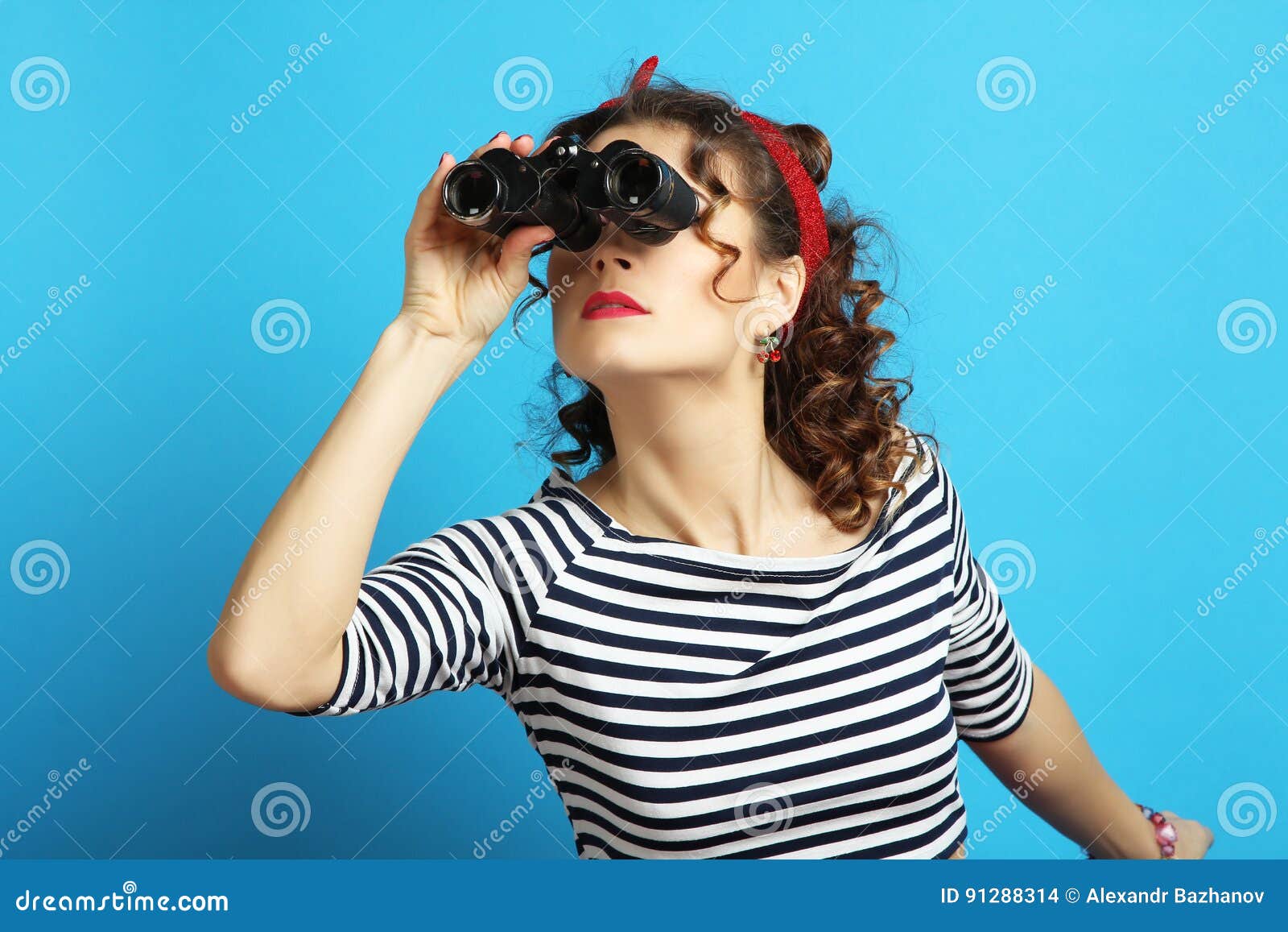 Woman with Binoculars. Pin Up Style. Stock Photo - Image of hair, black ...