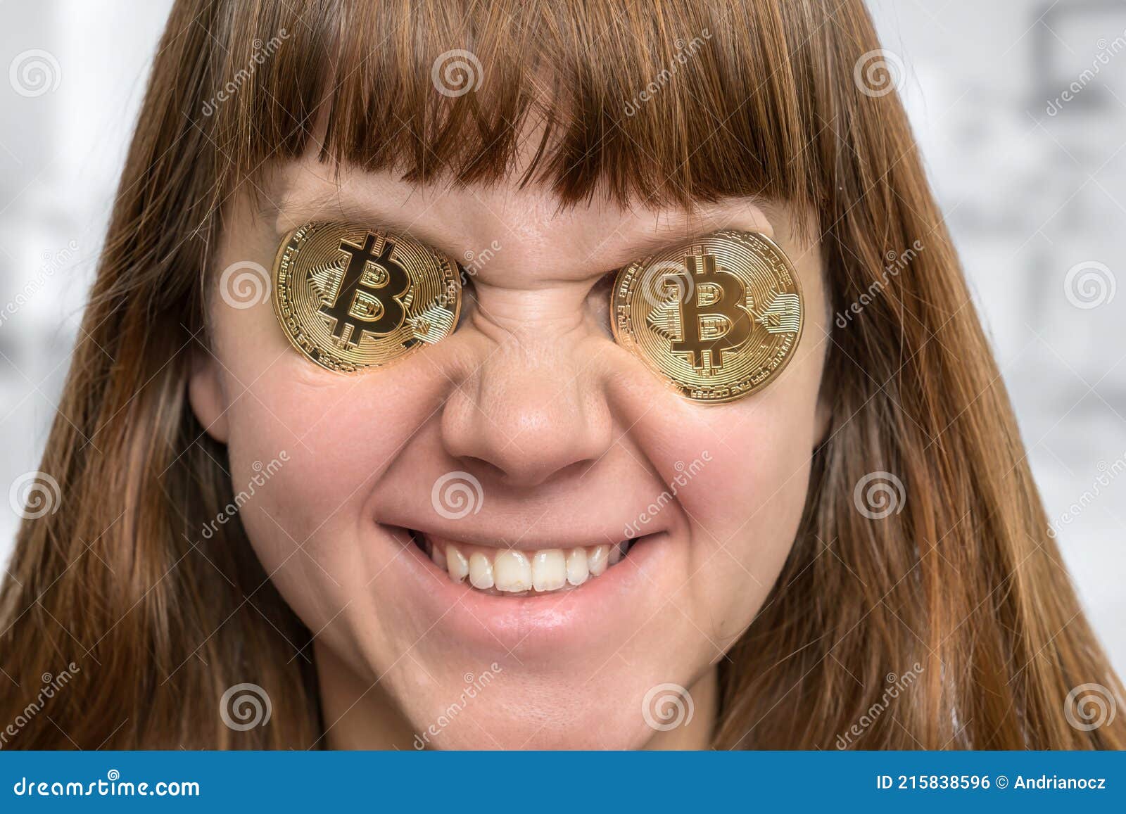 Woman with Bitcoin Coins in Front Her Eyes Stock Photo - Image of crash ...