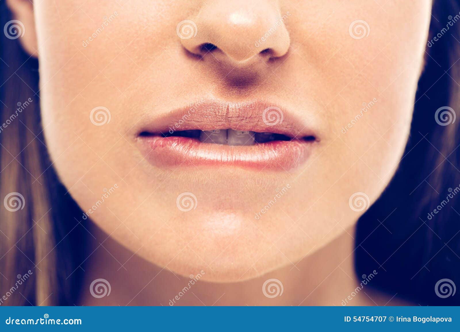 Woman Bite Lips Close Up Face Beautiful Stock Image - Image of beauty ...