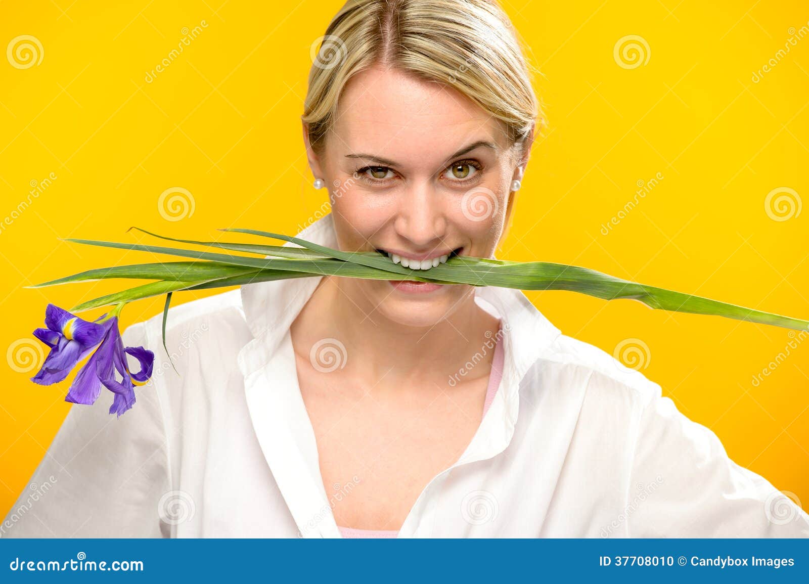 Woman Bite Spring Iris Flower between Teeth Stock Photo - Image of ...