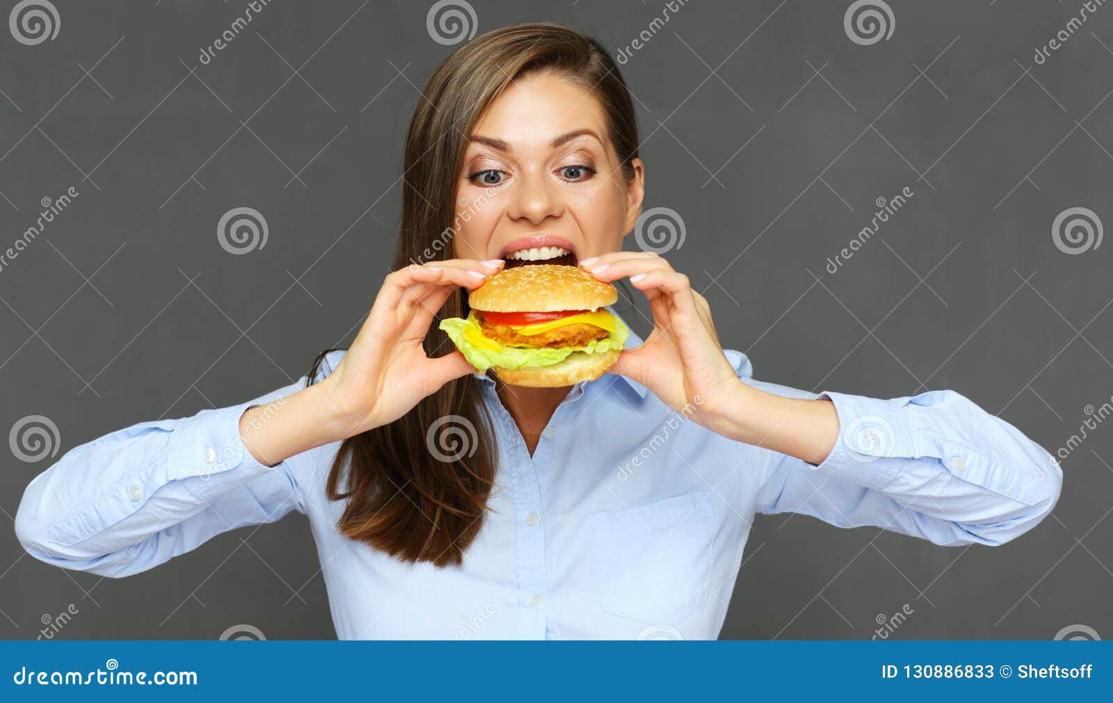Woman Biting Burger Isolated Portrait Stock Image - Image of american ...