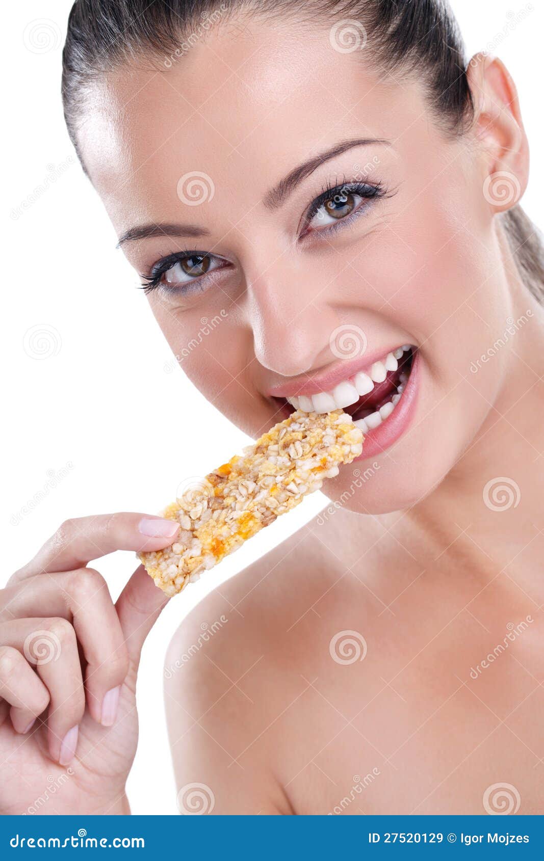 Woman biting cereal bar stock image. Image of food, enjoying - 27520129