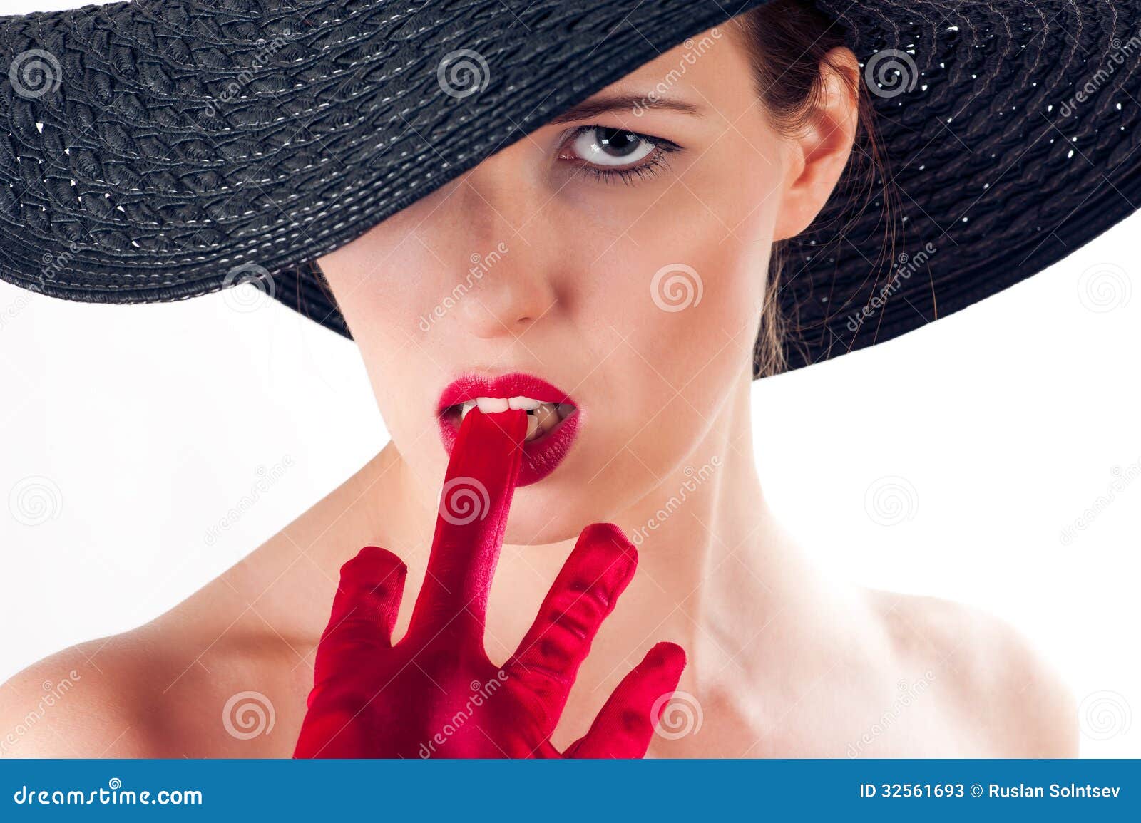 Woman biting the glove stock image. Image of head, makeup - 32561693