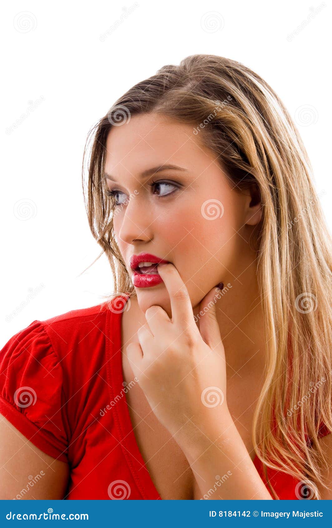 Woman Biting Her Finger and Looking Sideways Stock Photo - Image of ...