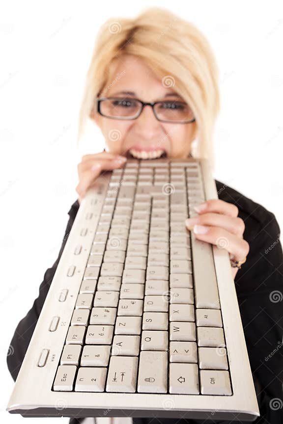 Woman biting keyboard stock image. Image of camera, looking - 17862945