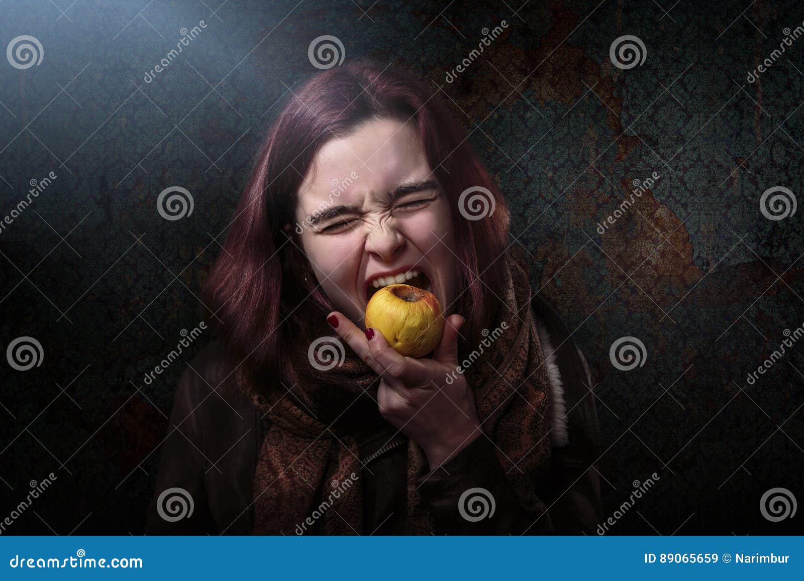 Woman is Biting in an Old Apple Stock Image - Image of room, hungry ...