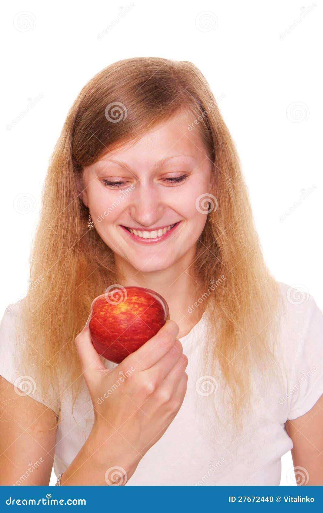 Woman biting a red apple stock photo. Image of beautiful - 27672440