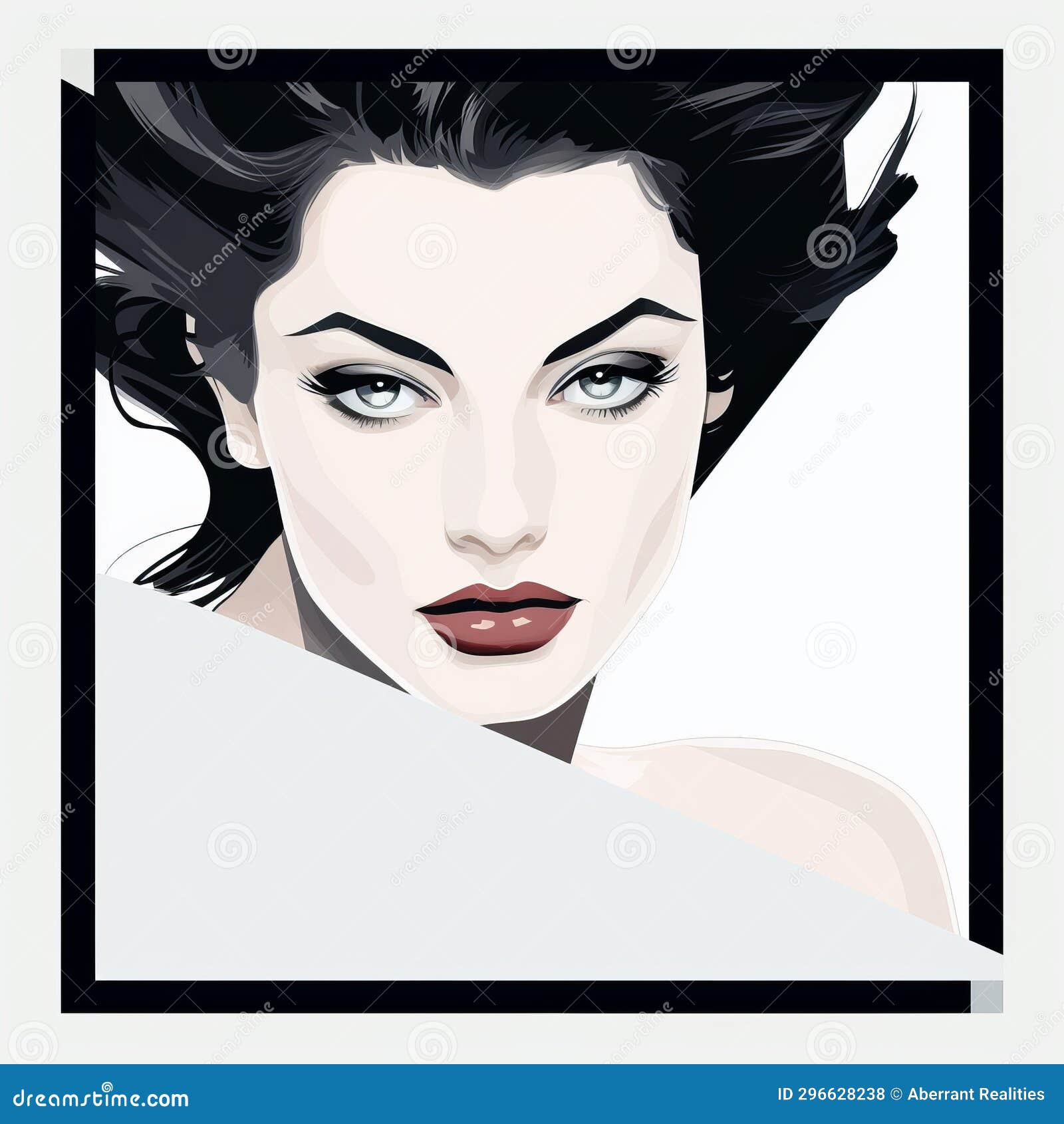 A Woman With Black Hair And Blue Eyes In A Square Frame Stock