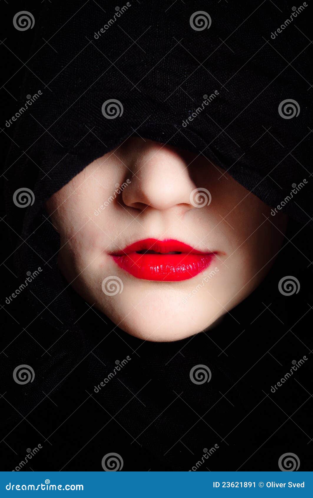 Woman in Black Hood and Red Lips Stock Image - Image of eyes, elegance ...