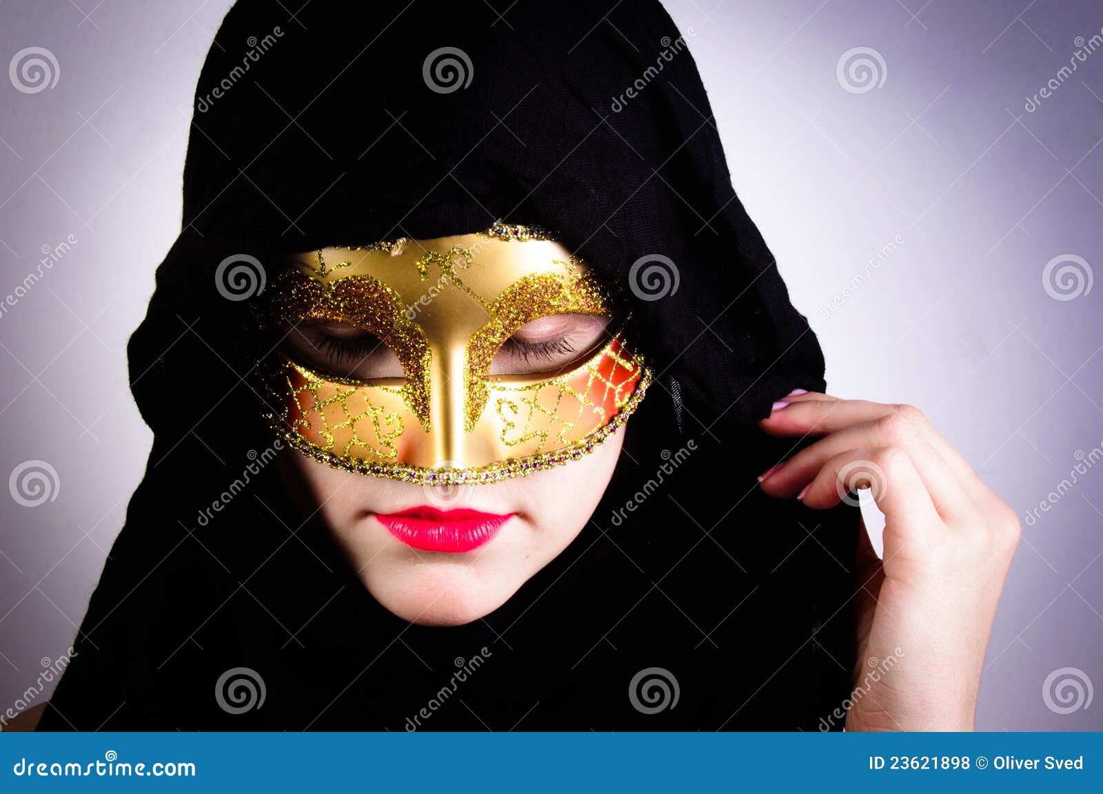 Woman in Black Hood and Red Lips Stock Photo - Image of mask, closeup ...