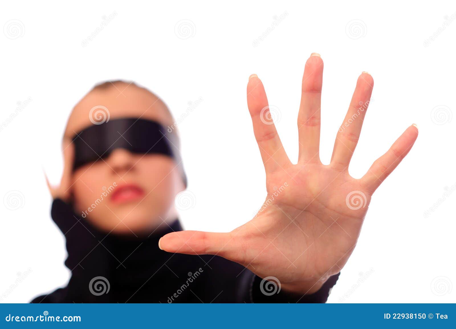 Woman with Black Ribbon on Eyes Stock Photo - Image of female, hand ...