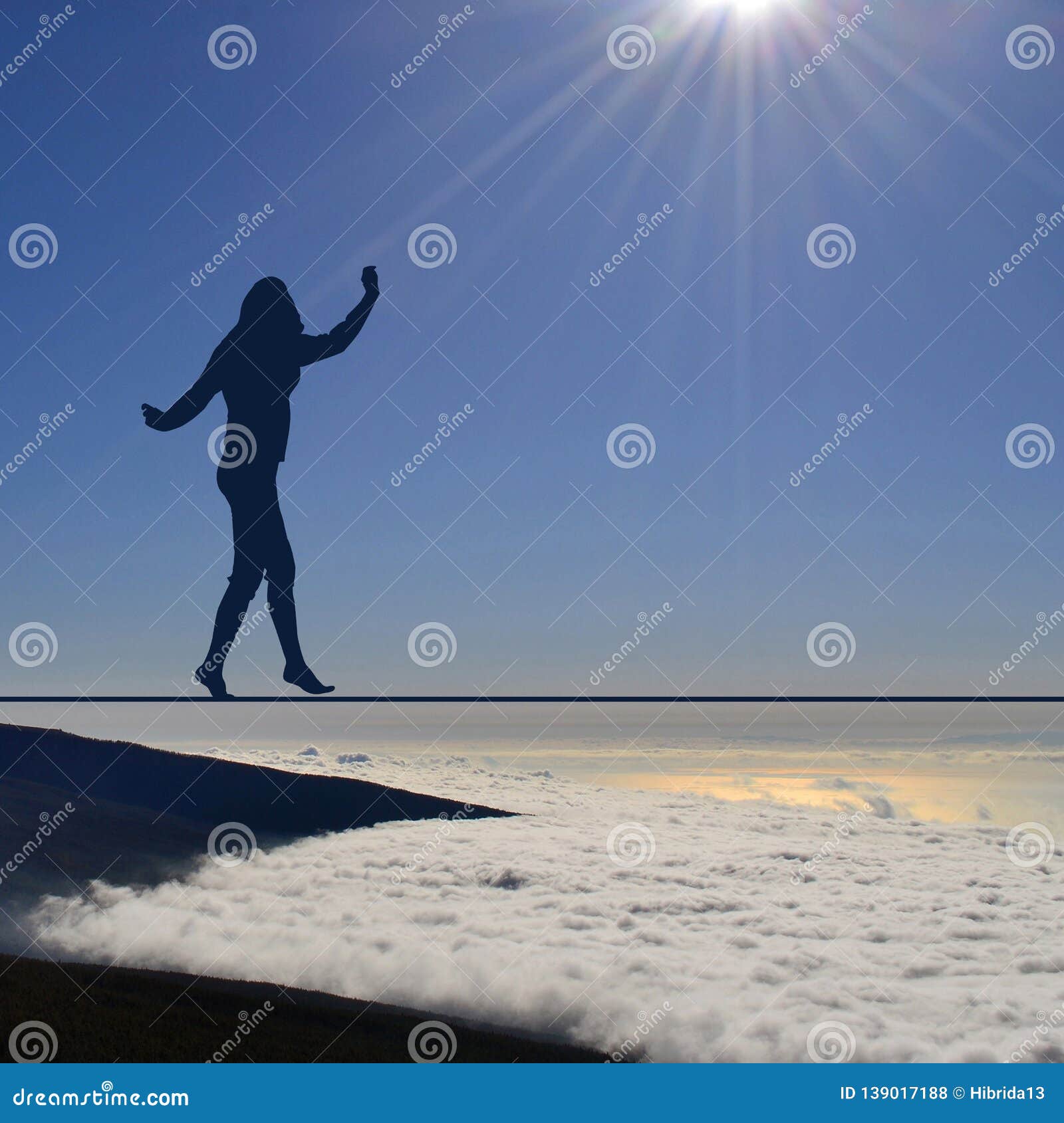 Woman Silhouette Balancing on a Rope Above the Clouds Stock Photo ... Woman Silhouette Balancing on a Rope Above the Clouds Stock Photo ...