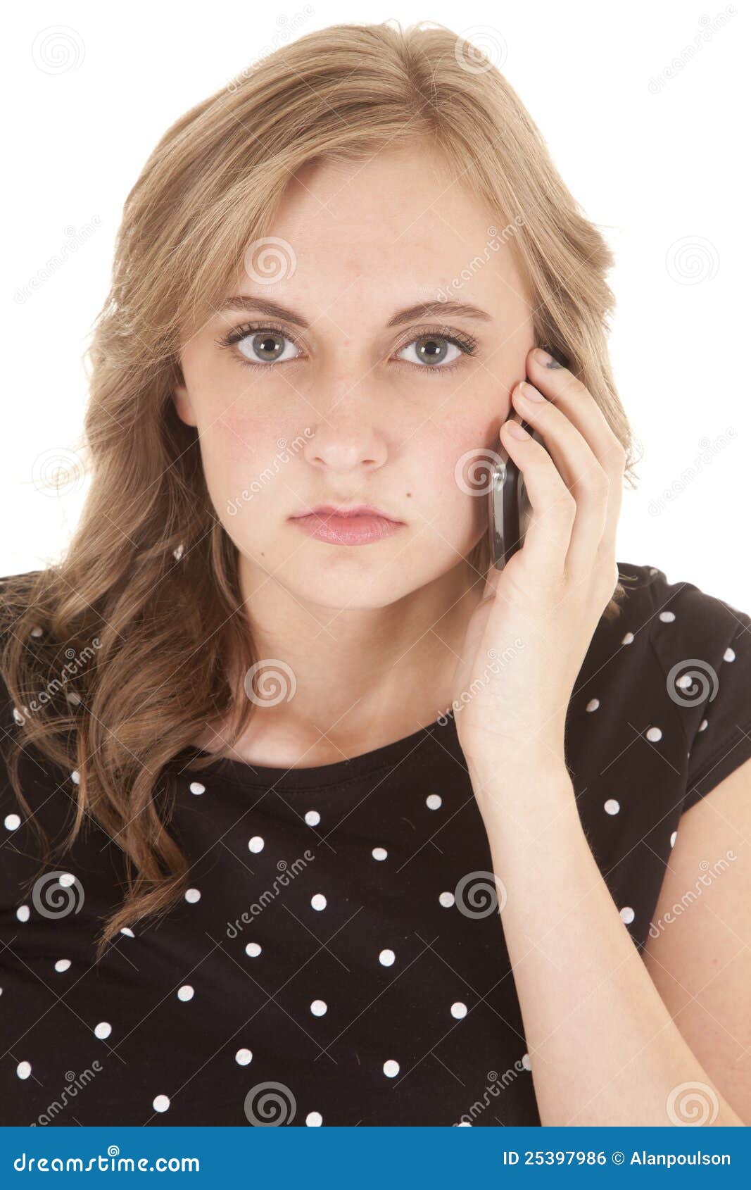 Woman Black Top Dots Phone Mad Stock Photo - Image of body, female ...