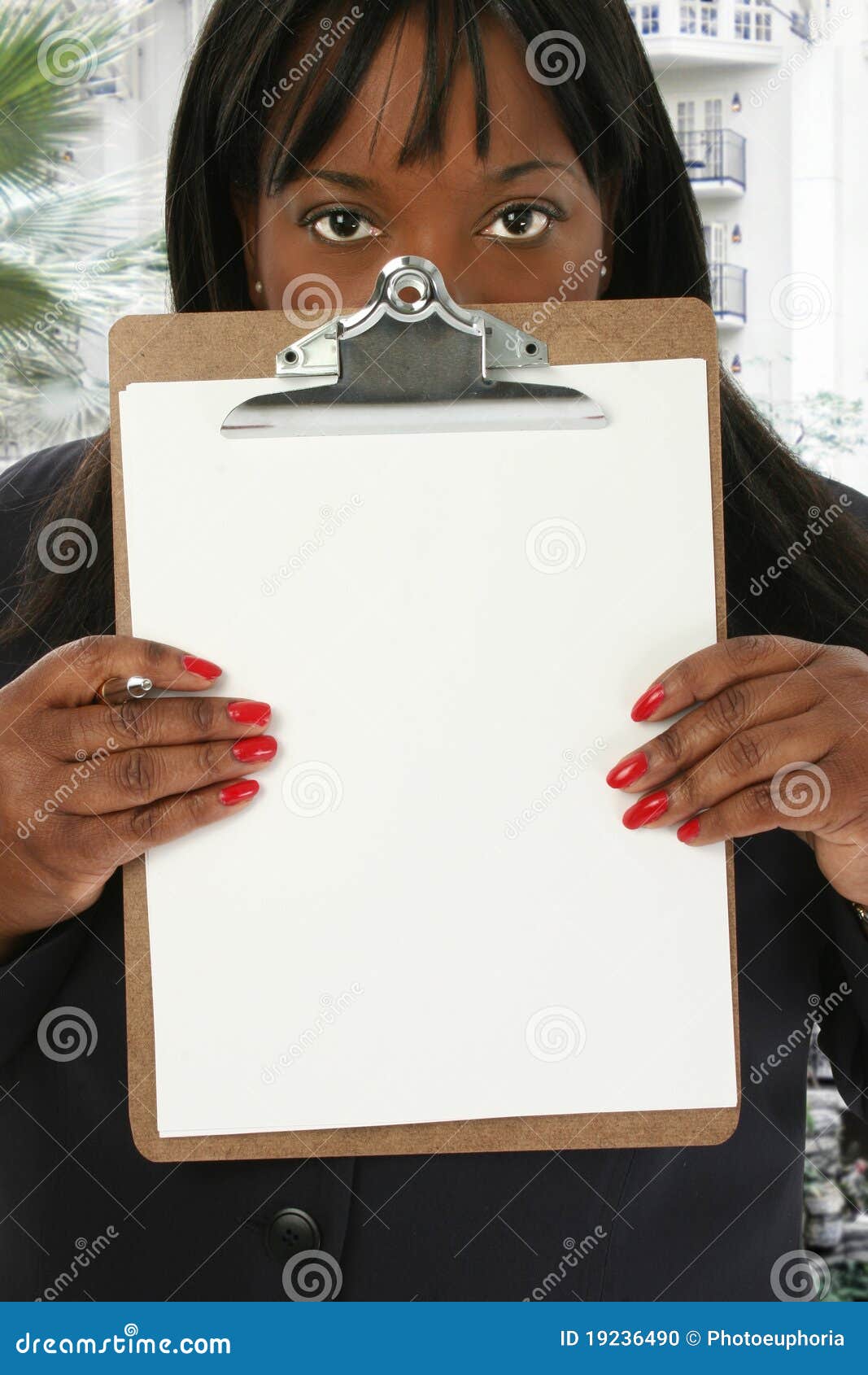 Woman with Blank Clipboard at Hotel Lobby Stock Photo - Image of ...