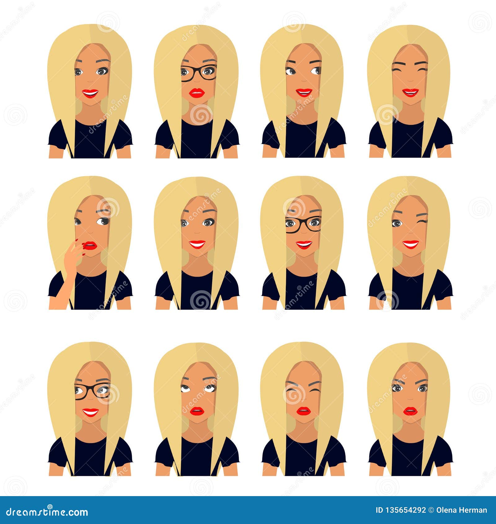 Woman With Blond Hair And Emotions User Icons Avatar Vector