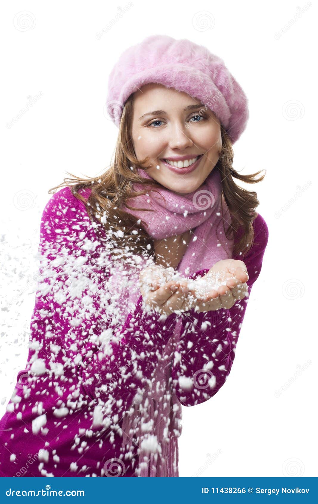 Woman Blow Snowflakes from Hands Stock Photo - Image of pink, female ...