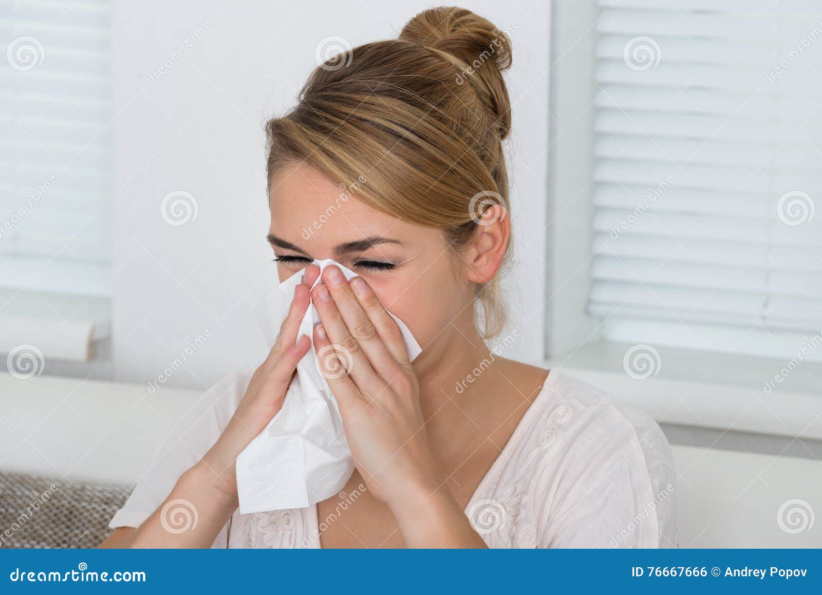 Woman Blowing Nose while Suffering from Cold Stock Photo - Image of ...