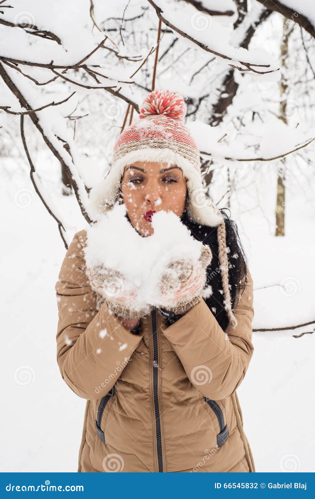 Woman blowing snow flakes stock photo. Image of caucasian - 66545832