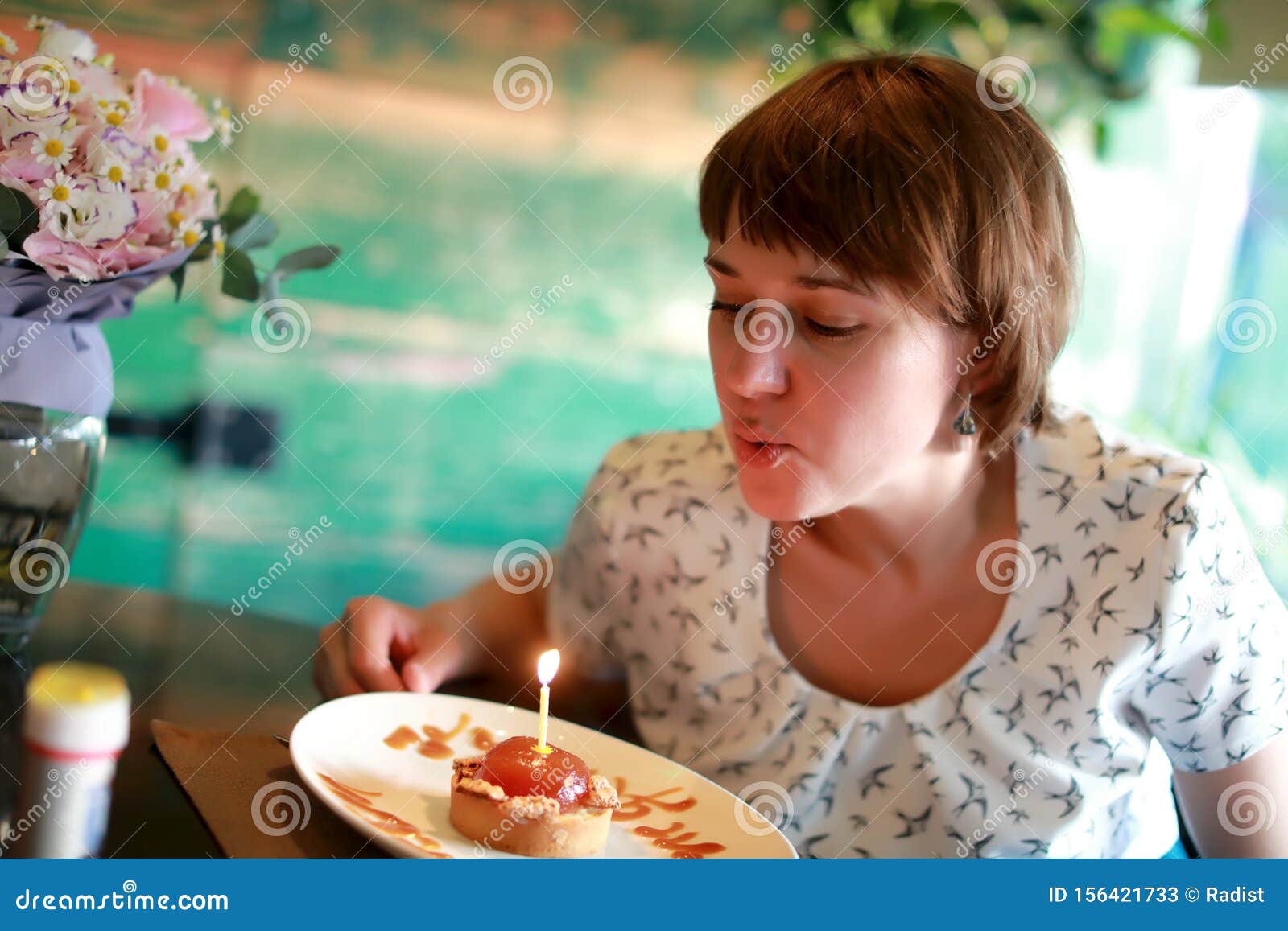 Woman Blows Out Candle On Cake Stock Image Image Of Blowing Beauty