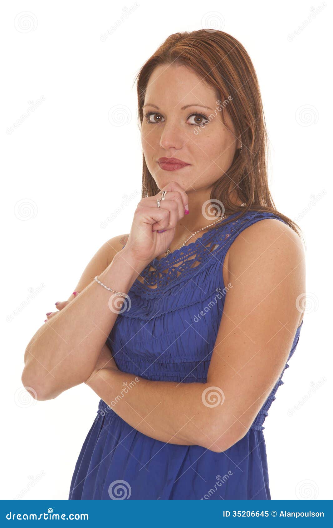 Woman Blue Dress Arms Folded Hand Chin Stock Image Image Of Hair