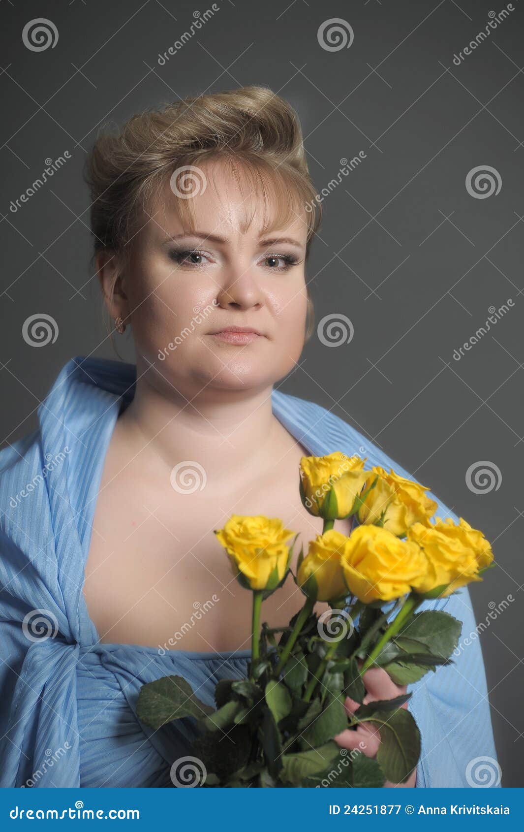 Woman in Blue Dress with Yellow Roses Stock Image - Image of fashion ...