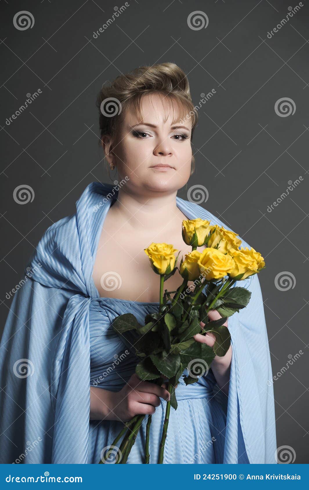 Woman in Blue Dress with Yellow Roses Stock Photo - Image of floral ...