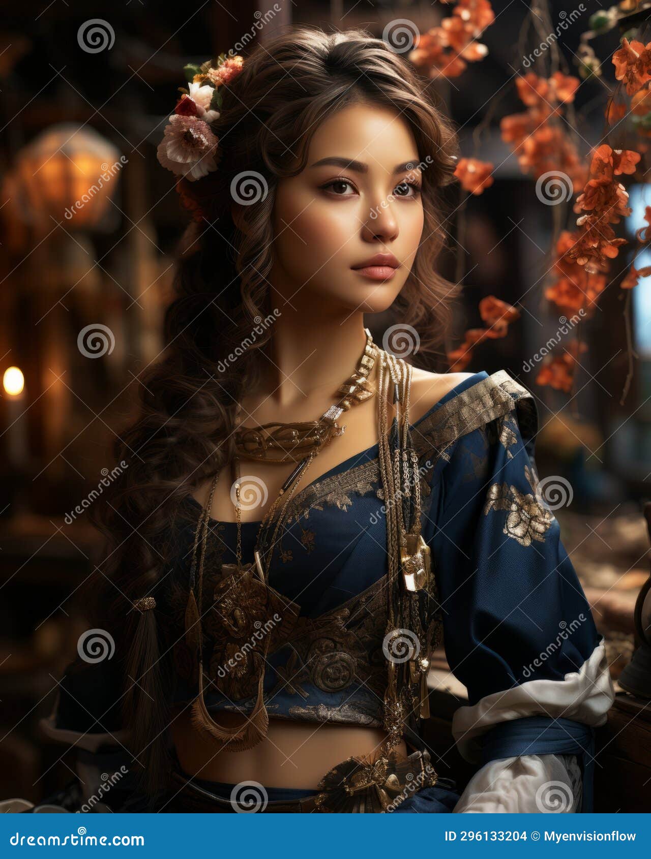 A Woman In A Blue And Gold Dress Stock Illustration Illustration Of