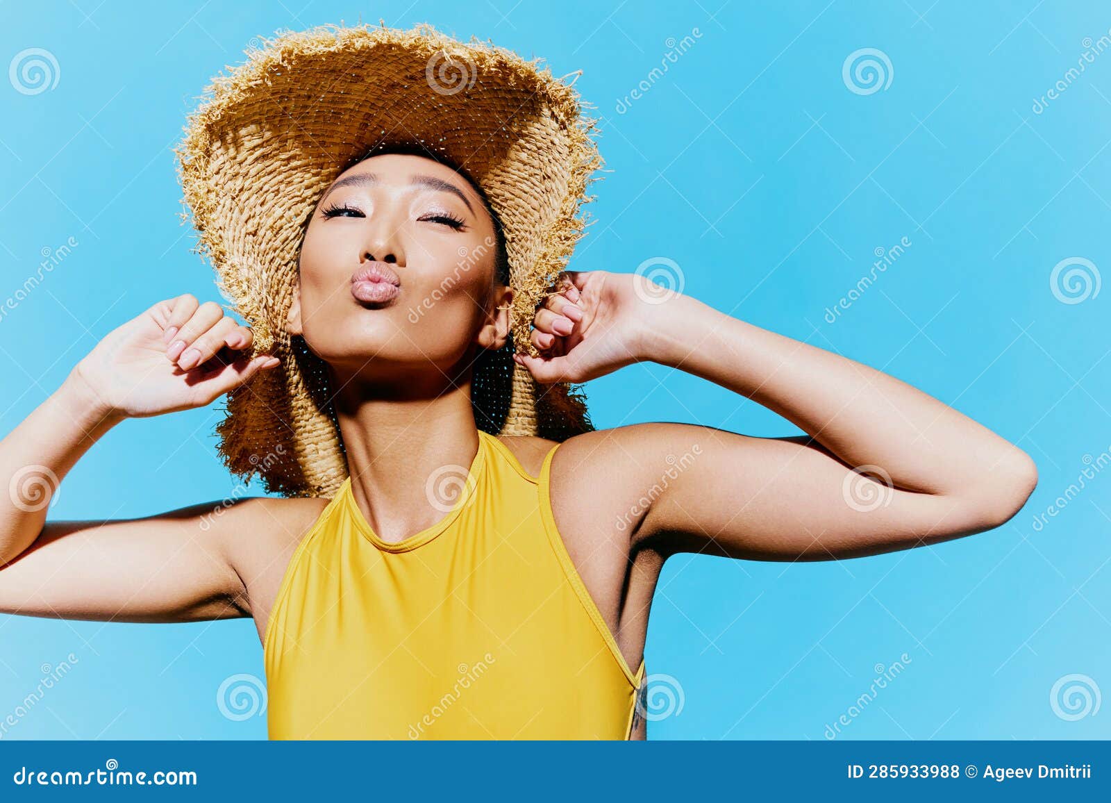Woman Hat Fun Summer Portrait Yellow Swimsuit Beauty Fashion Smile