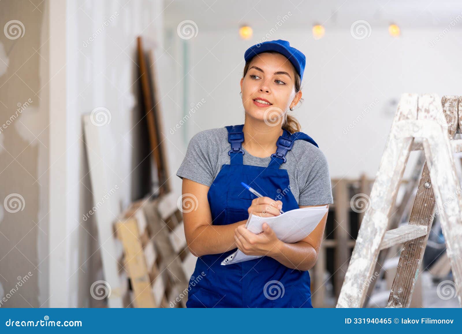 Woman in Blue Overalls Checking Completed Construction Work on Drawing ...