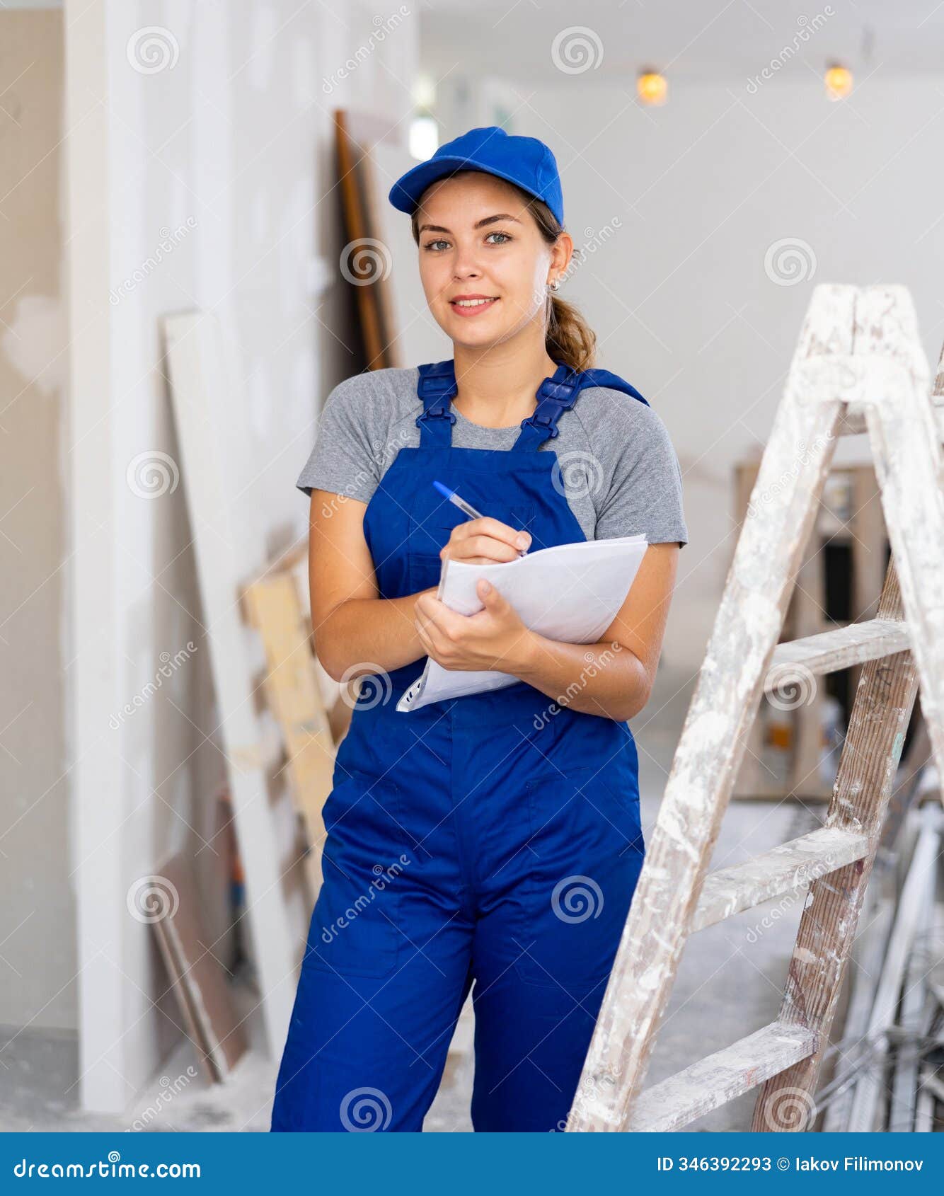 Woman in Blue Overalls Checking Completed Construction Work on Drawing ...