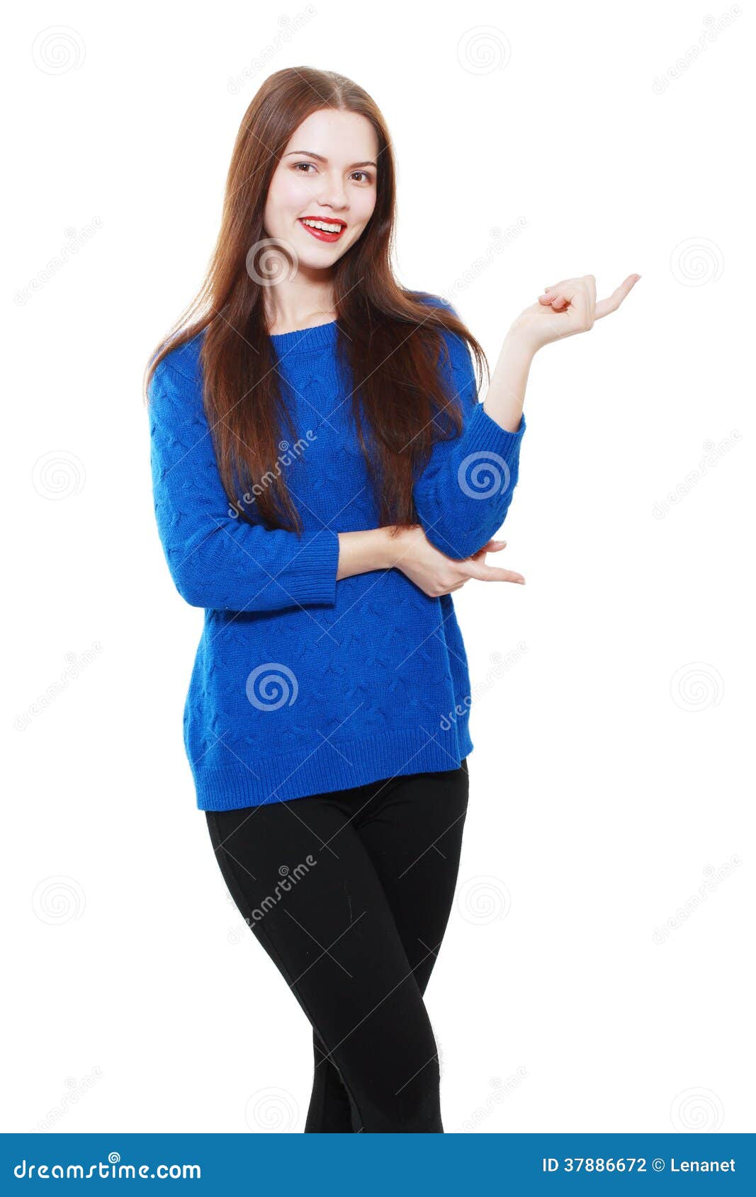 Woman in Blue Sweater Pointing Stock Photo - Image of businessperson ...