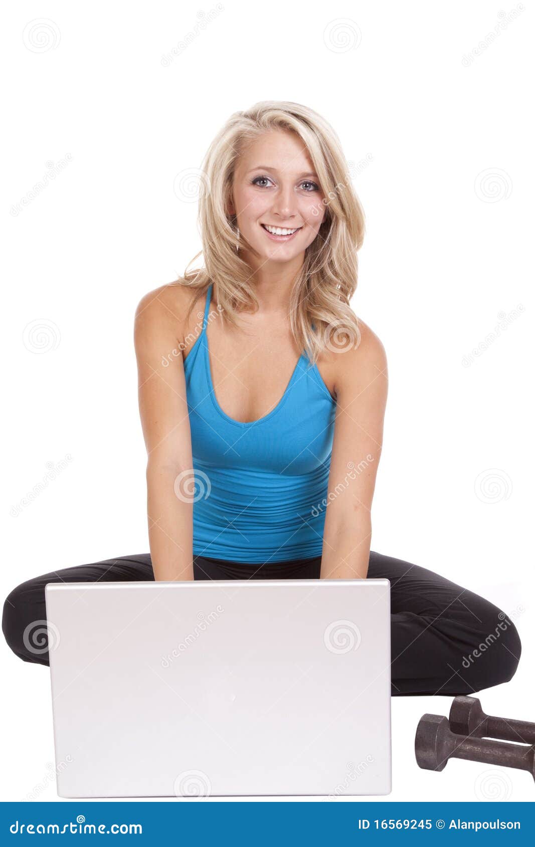 Woman Blue Top Computer Weights Stock Image - Image of happiness ...