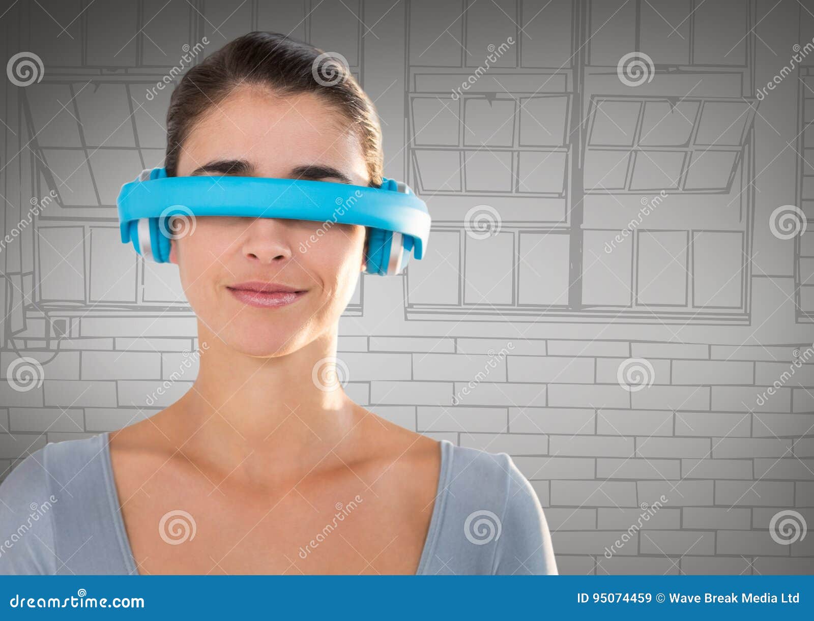 Woman in Blue Virtual Reality Headset Against Grey Hand Drawn Windows ...