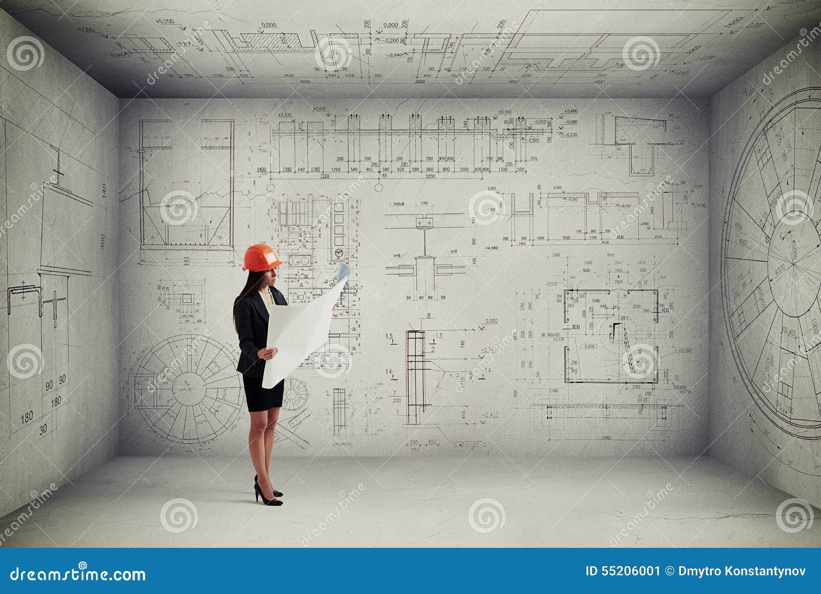 Woman with Blueprint in Empty Room Stock Image - Image of contractor ...
