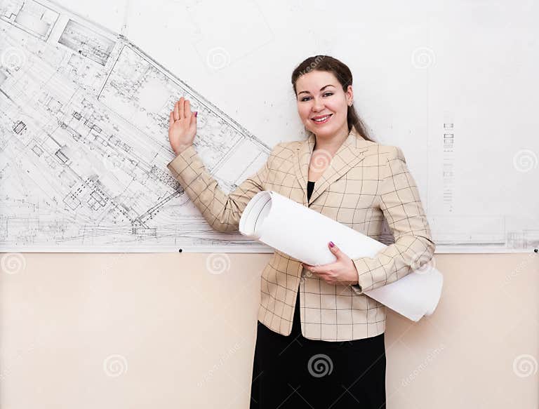 Woman with Blueprints on Presentation Stock Image - Image of attractive ...