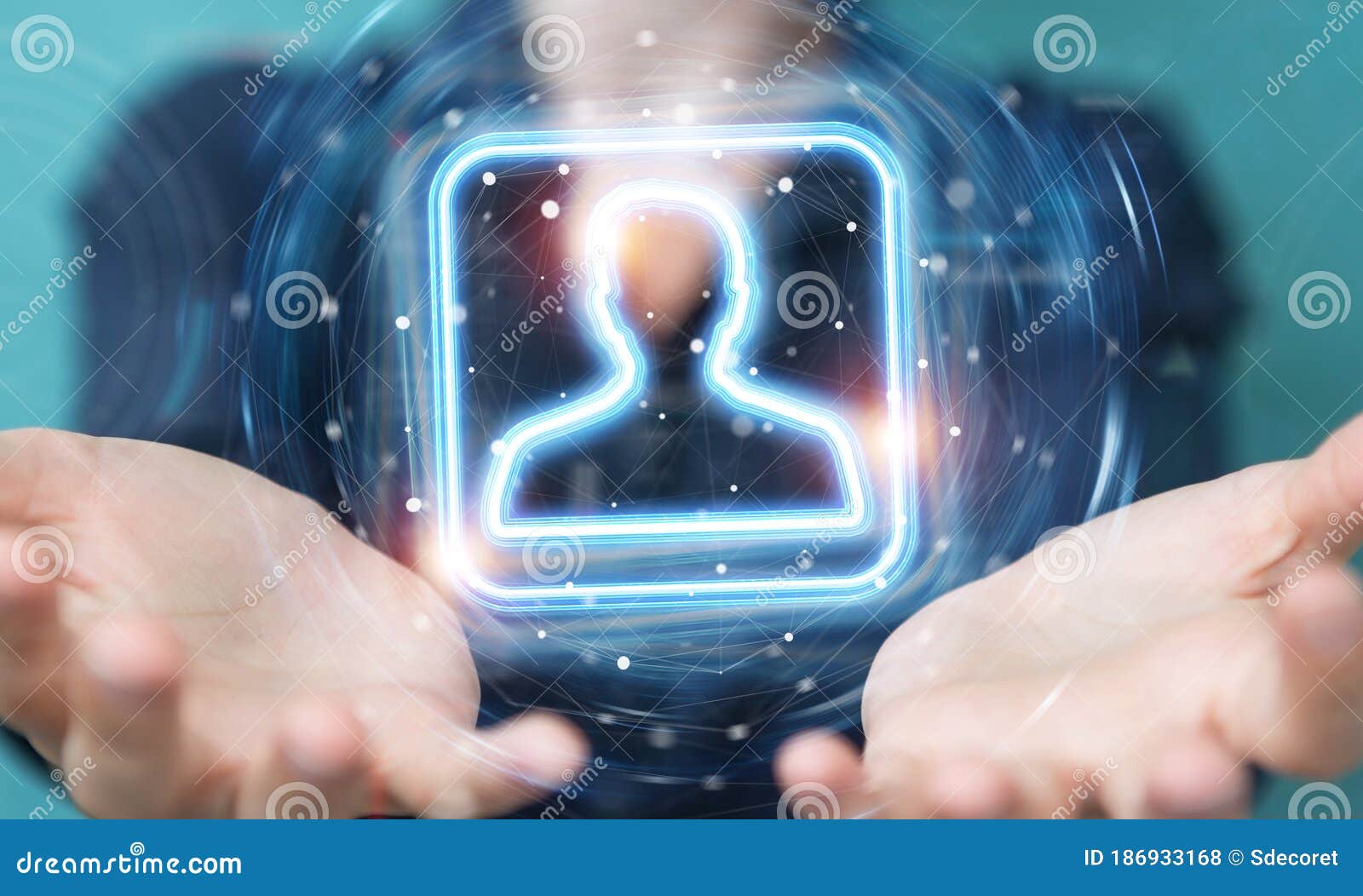 Woman Using Digital Blue Holographic User Interface 3D Rendering Stock ...