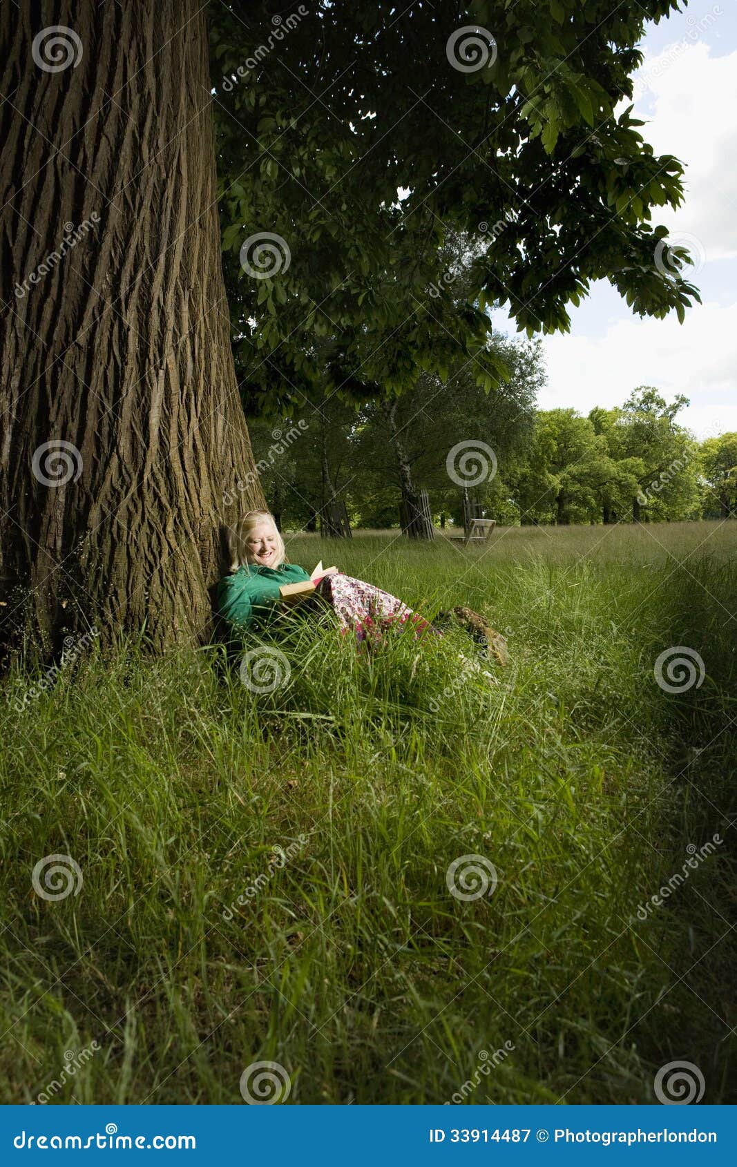 Woman with Book Sitting Beneath Tree Stock Image - Image of landscape ...